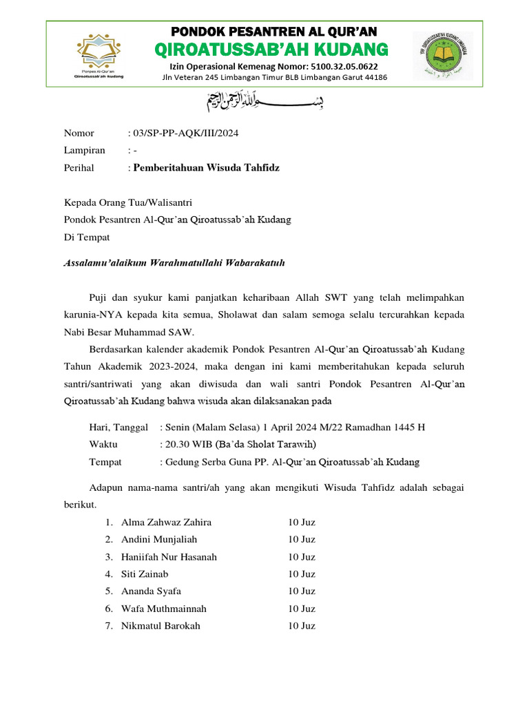 Surat Pemberitahuan Wisuda Tahfidz | PDF