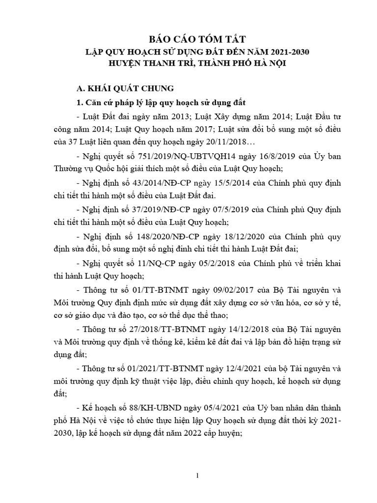 Bao Cao Tom Tat QH SDD 2030 H. Thanh Tri | PDF