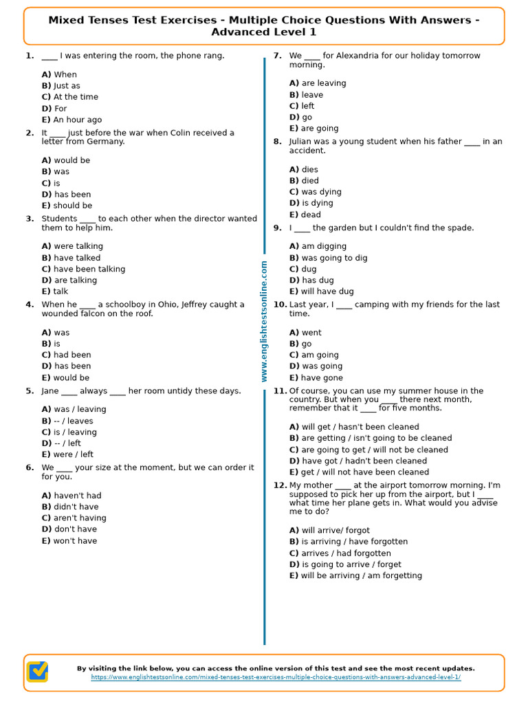 500 - Mixed Tenses Test Exercises Multiple Choice Questions With ...