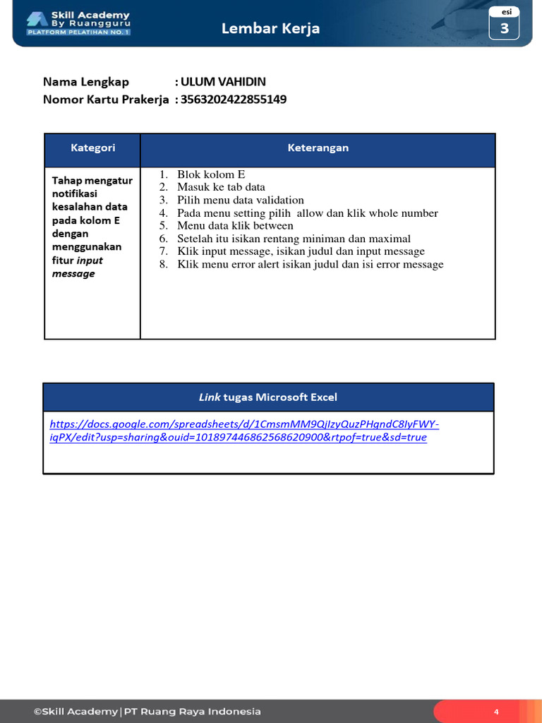 Panduan Validasi Data Excel Kolom E | PDF