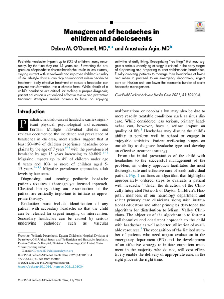 Management of Headaches in Children and Adolescents | PDF | Headache ...