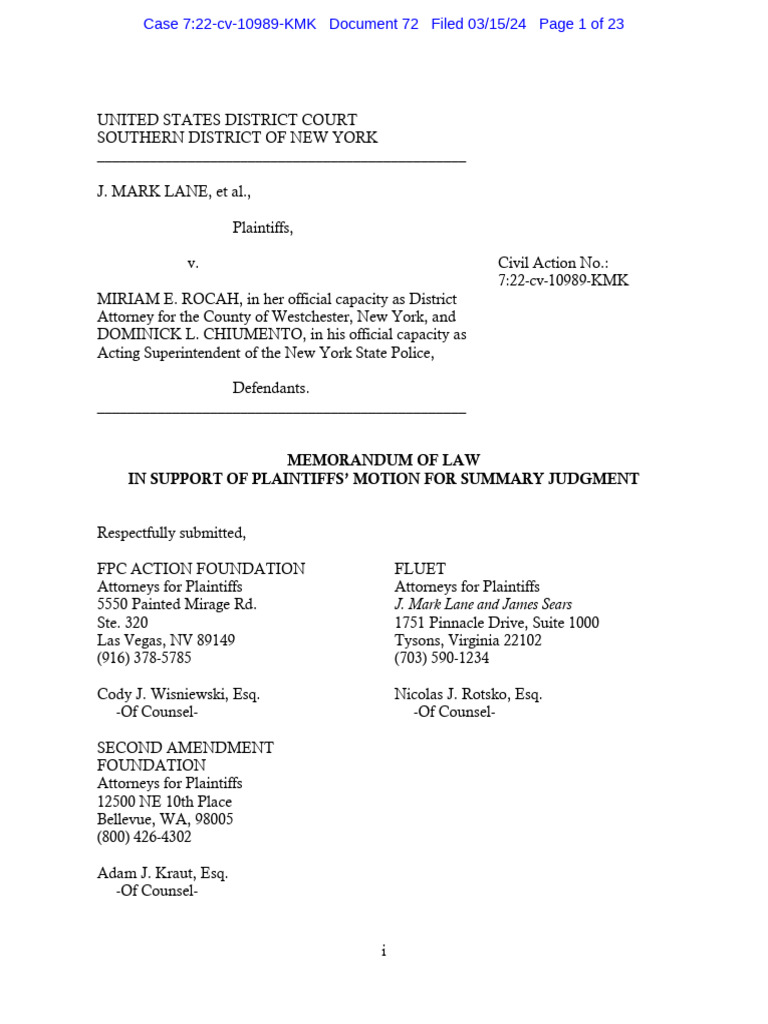 SAF Files for Summary Judgement in Challenge to N.Y. Gun Ban | PDF ...