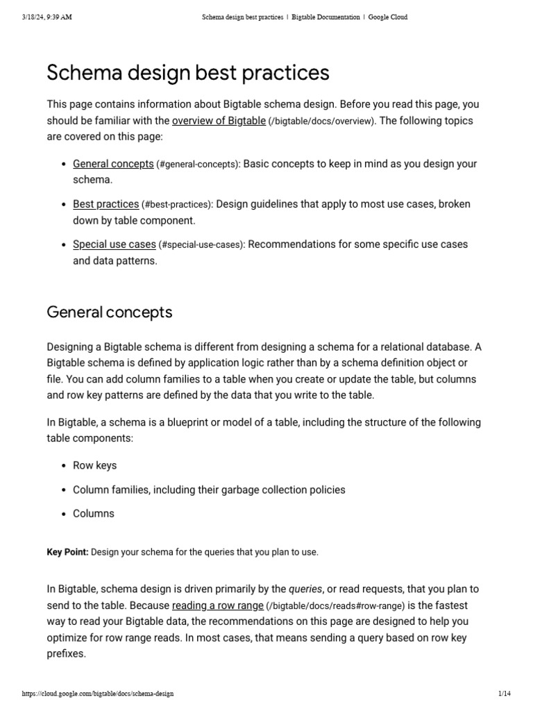 Schema Design Best Practices - Bigtable Documentation - Google Cloud | PDF | Table (Database ...