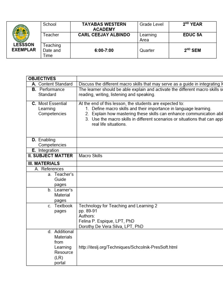 Macro Skills Lesson Plan Overview | PDF | Reading Comprehension ...