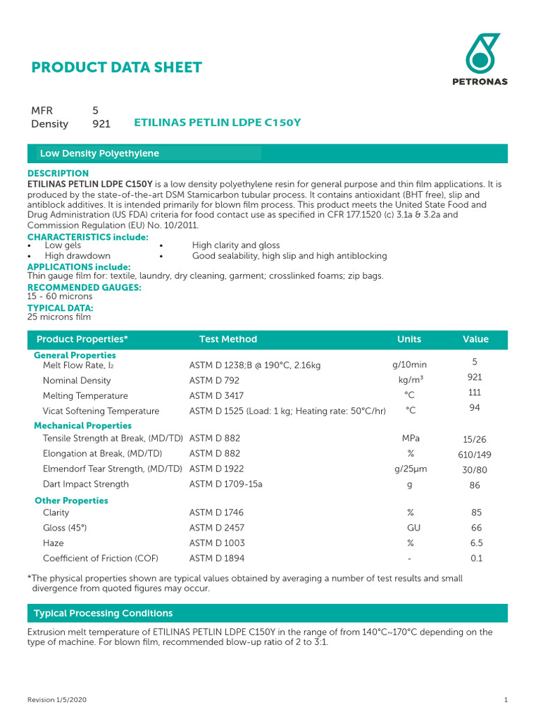 ETILINAS PETLIN LDPE C150Y Overview | PDF | Polyethylene | Materials