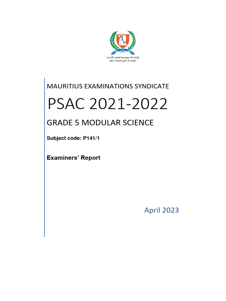 PSAC 2021 2022 Grade 5 Modular Examiners Report Science | PDF ...