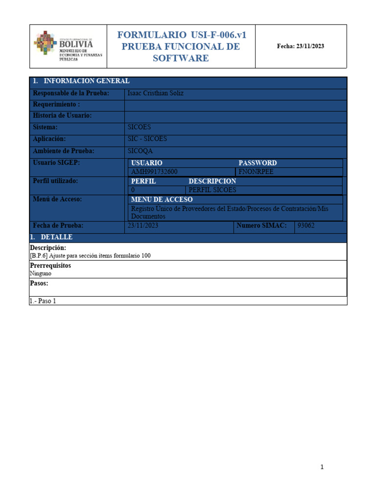 Prueba Funcional SICOES: Ajuste Ítems Formulario | PDF