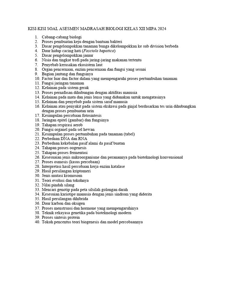 Kisi-Kisi Soal Asesmen Madrasah Biologi Kelas Xii Mipa 2024 | PDF