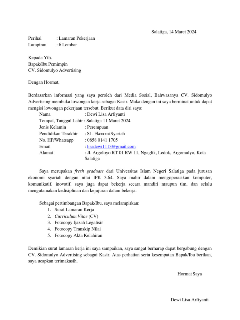 Lamaran Kerja Dewi Lisa CV Sidomulyo Advertising | PDF