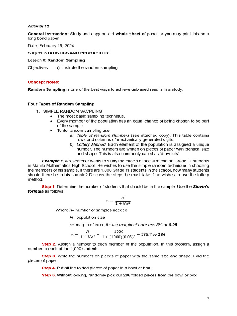 Lesson 8 Random Sampling Activity 12 | PDF | Sampling (Statistics ...