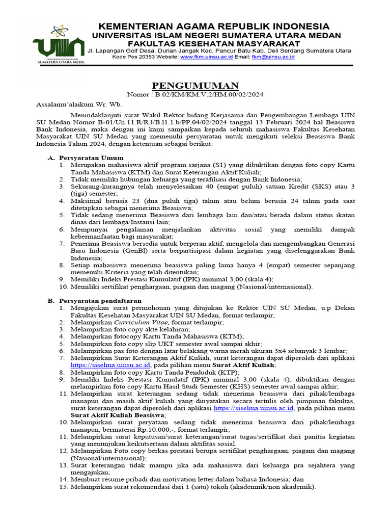 Pengumuman Beasiswa BI Tahun 2024 Fix | PDF