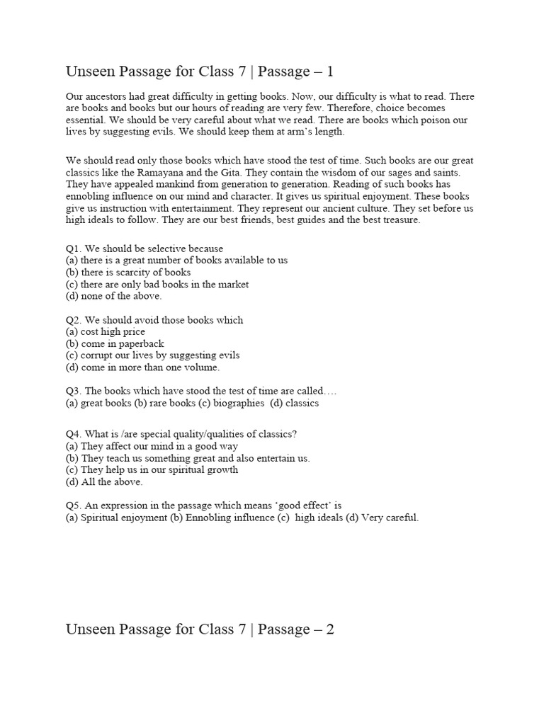 Unseen Passage 100 English Unseen Passages For Class 5 CBSE By