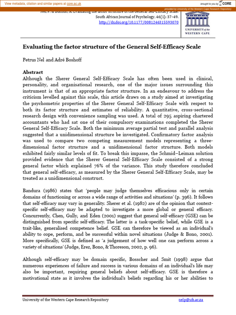 Evaluating The Factor Structure of The General Self-Efficacy Scale | Download Free PDF | Self ...