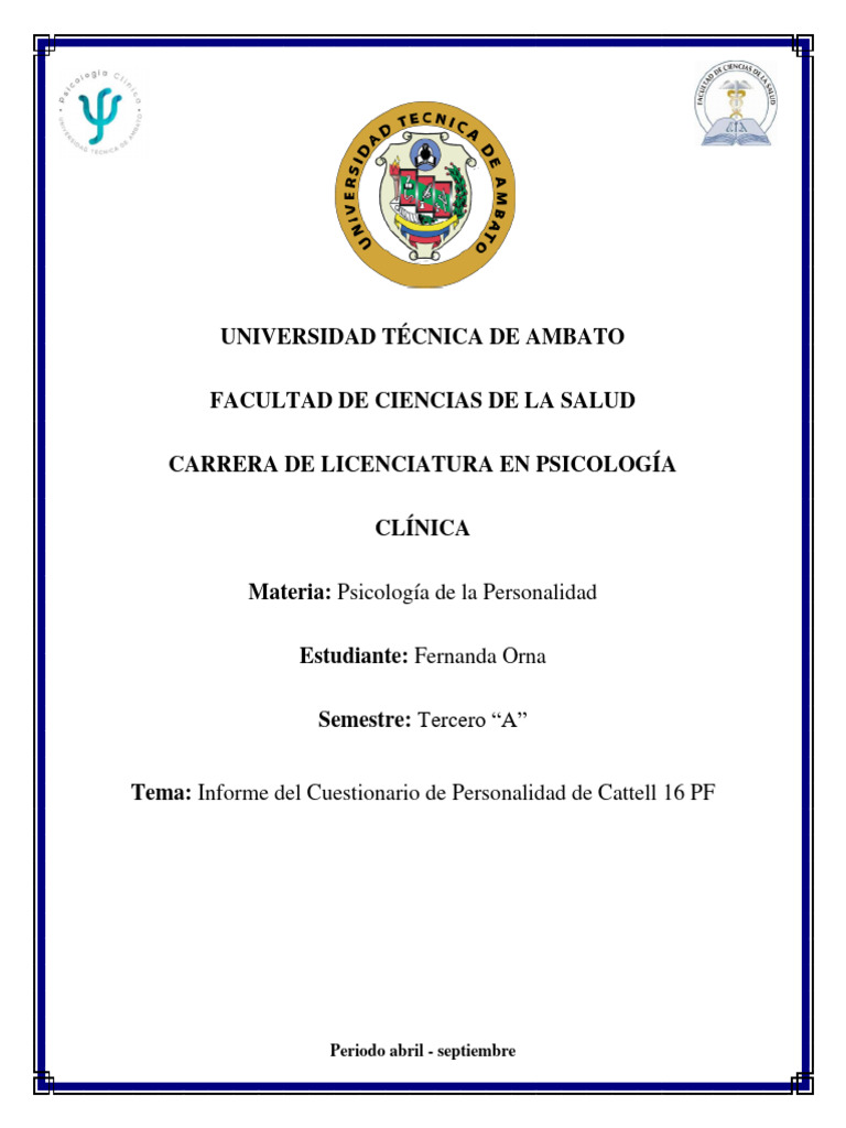 Orna Fernanda_Informe del test de Catell | PDF | Ansiedad | Pensamiento Orna Fernanda_Informe del test de Catell | PDF | Ansiedad | Pensamiento