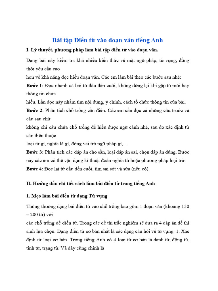 50 Bai Tap Dien Tu Vao Doan Van Tieng Anh Co Dap An Chi Tiet | PDF