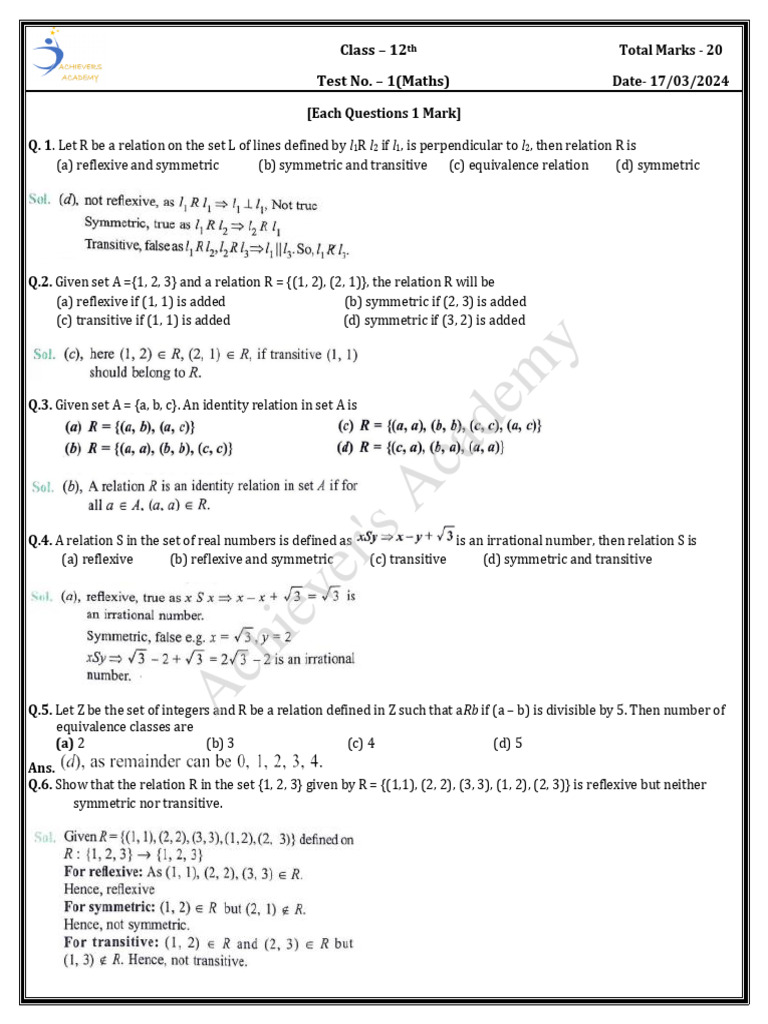 Test No. 1 Solution (Chapter - 1 Relations) | PDF | Real Number | Numbers