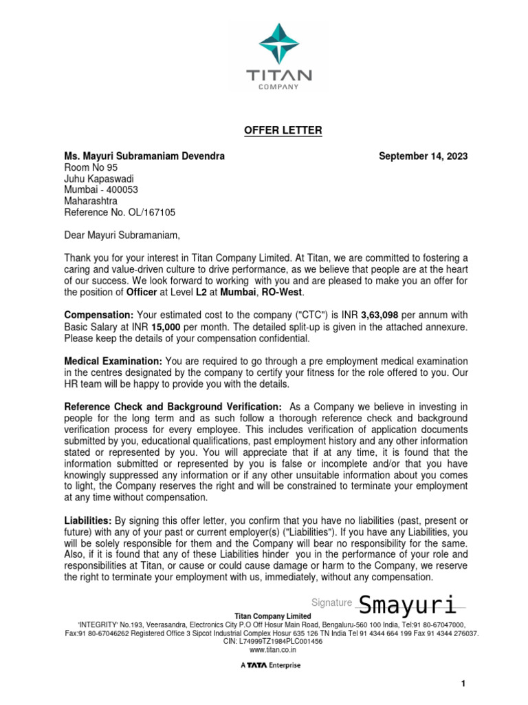 Offer Letter Mayuri v1 | PDF | Indemnity | Non Disclosure Agreement