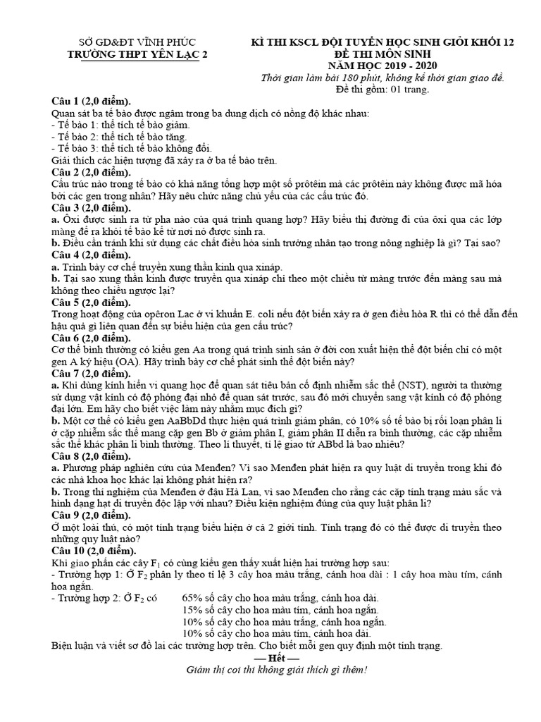 De KSCL Doi Tuyen HSG Sinh Hoc 12 Nam 2019 2020 Truong Yen Lac 2 Vinh Phuc | PDF