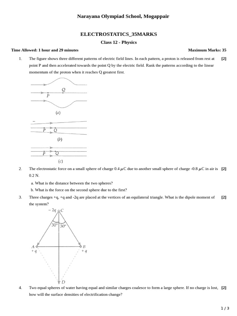 Class 12 Physics Electrostatics Exam | PDF | Electric Field | Flux