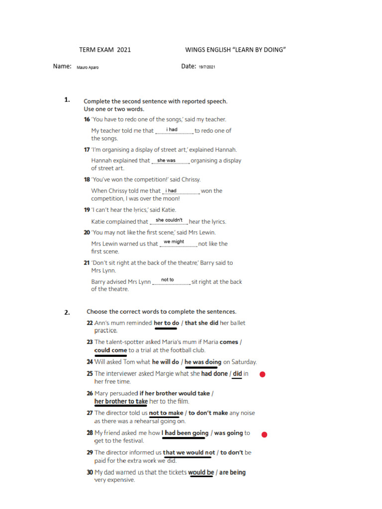 TERM EXAM Reported Speech (Mauro) | PDF | Language Arts & Discipline