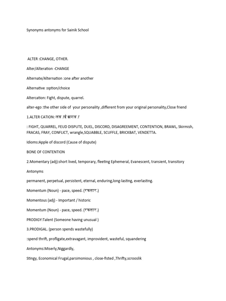 Sainik School Synonyms and Antonyms | PDF | Philosophy