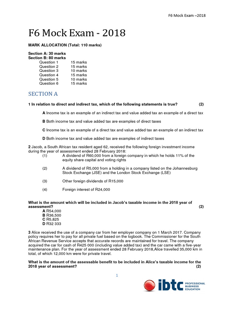F6 Mock Exam - 2018 | Download Free PDF | Taxes | Value Added Tax