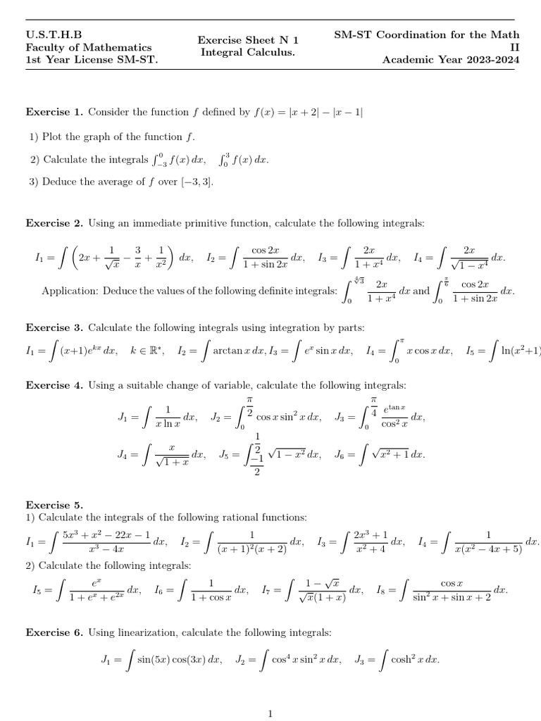 Exercises Sheet #1 (Integral Calculus) | PDF | Integral | Function (Mathematics)