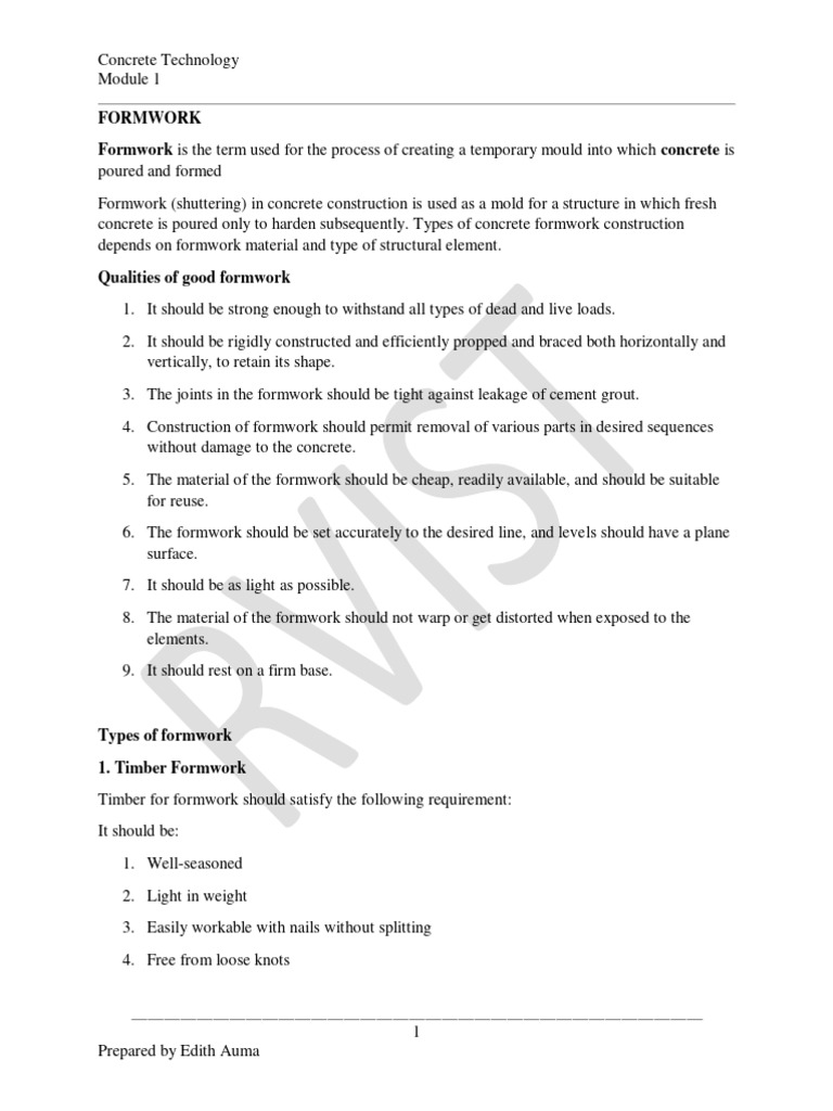 FORMWORK Class Notes | PDF | Concrete | Cement