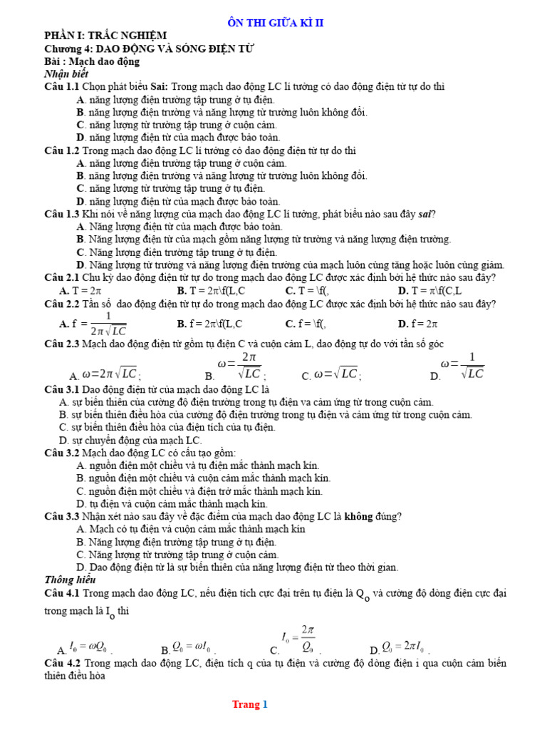 De Cuong On Tap Vat Li 12 Giua HK2 | PDF