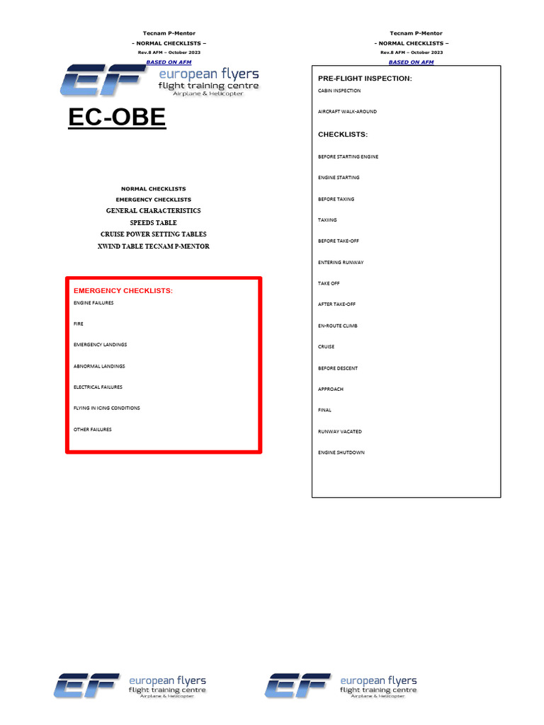 Tecnam P-Mentor Emergency Checklists | PDF | Flight Control Surfaces ...