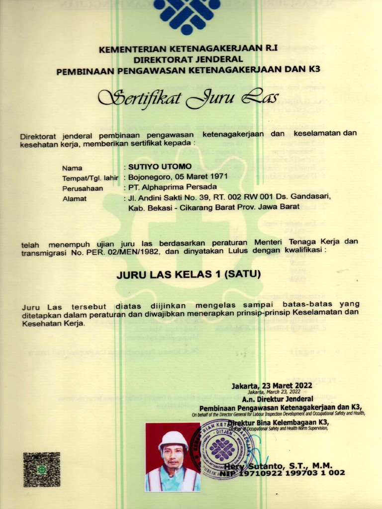 CERTIFICATE K3 DAN JURU LAS PT ALPHA PRIMA(SUTIYO UTOMO) | PDF