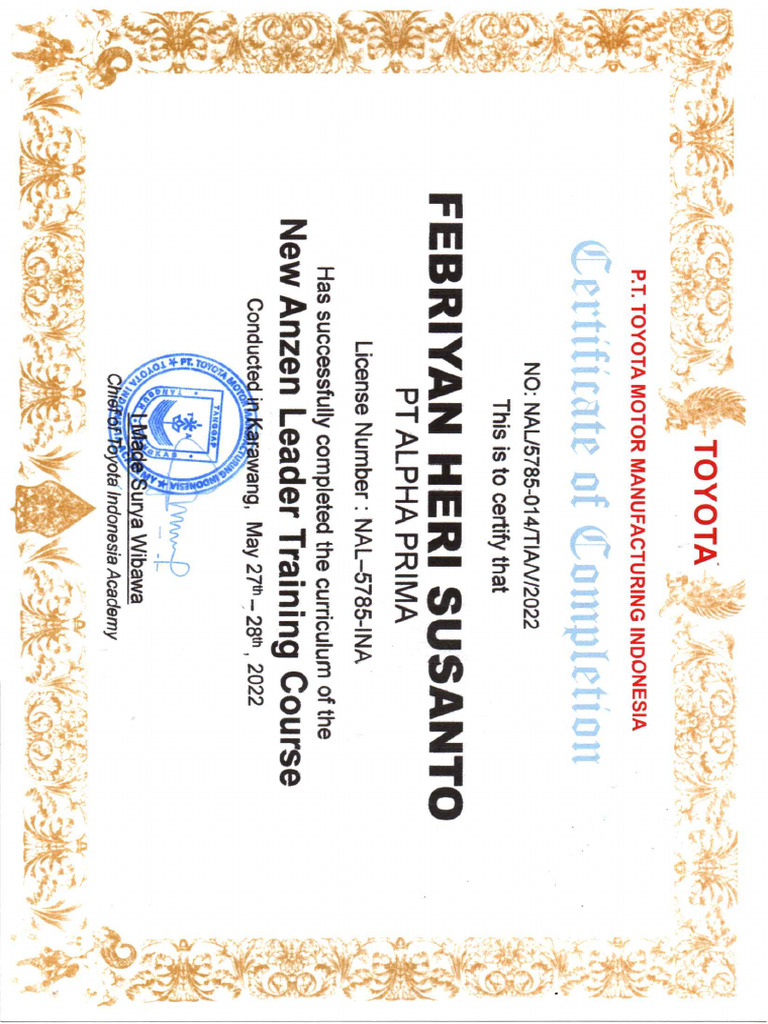 CERTIFICATE ANZEN LEADER PT. ALPHA PRIMA | PDF