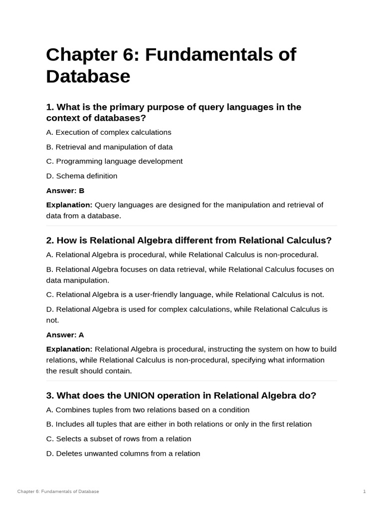 Chapter 6 Mcq Pdf Relational Model Relational Database