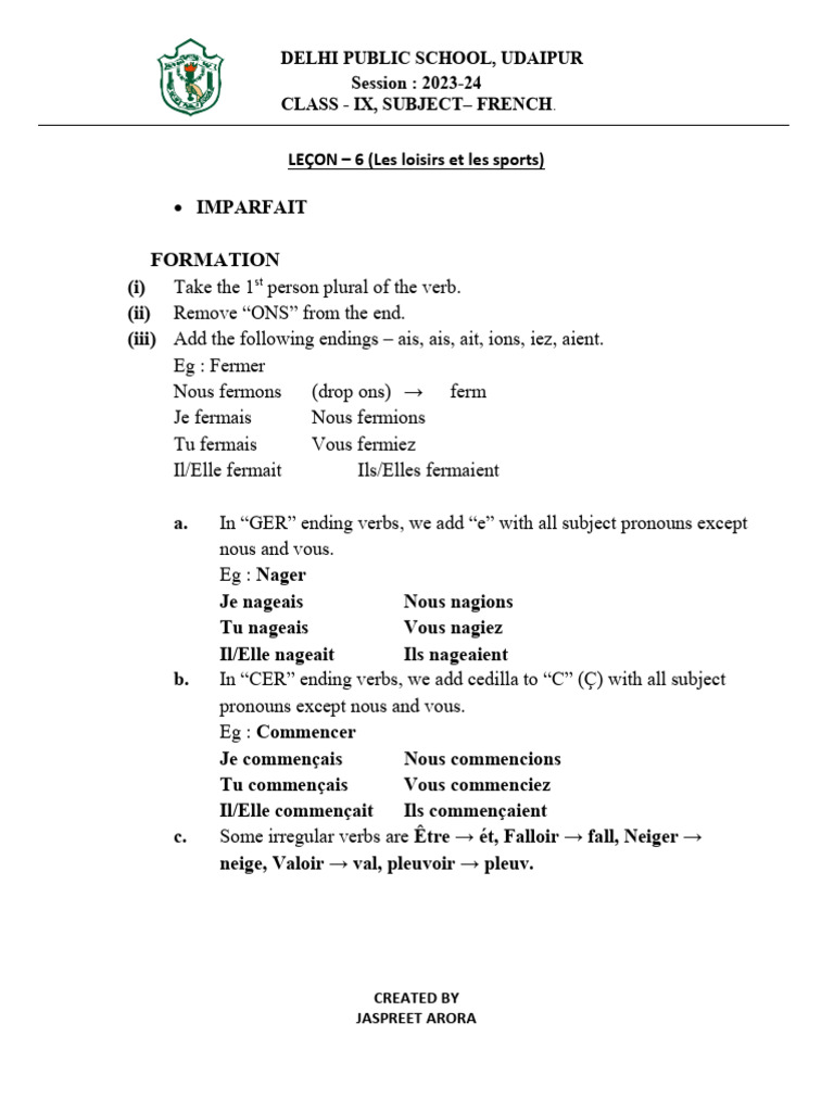 French Class IX: Imperfect & Imperative | PDF | Grammatical Conjugation ...