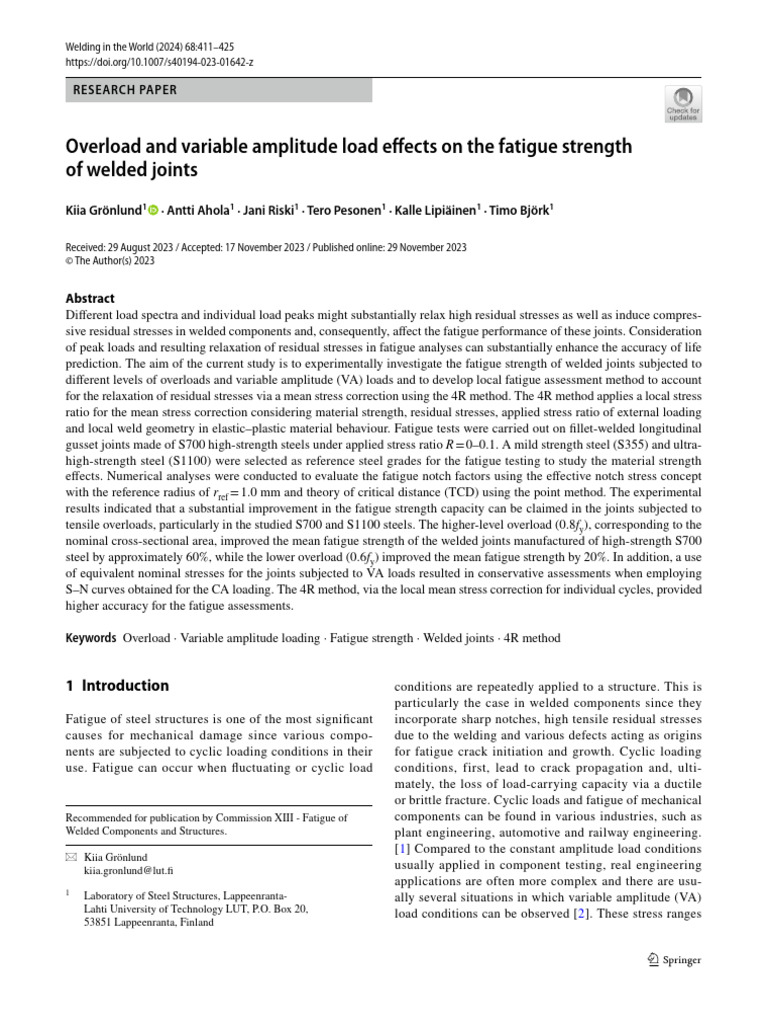 Overload and Variable Amplitude Load Effects On The Fatigue Strength of Welded Joints | PDF ...