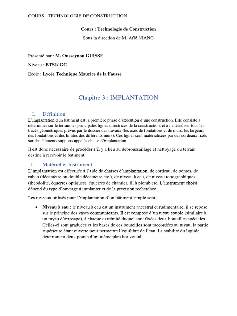 Chapitre3 IMPLANTATION | PDF | Topographie | Ingénierie civile
