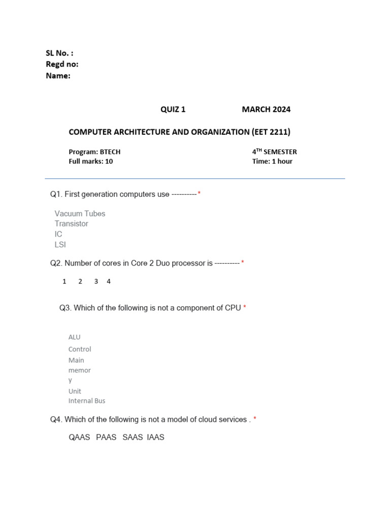 Coa - Quiz Test1 | PDF | Central Processing Unit | Office Equipment