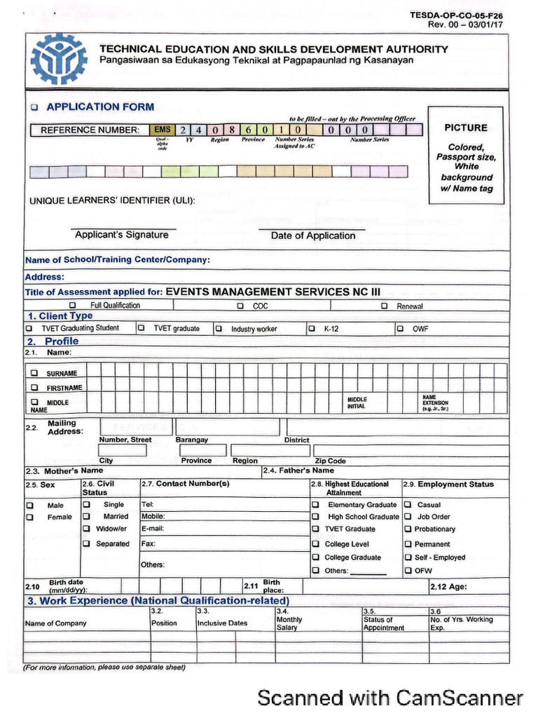 TESDA Application Form | PDF