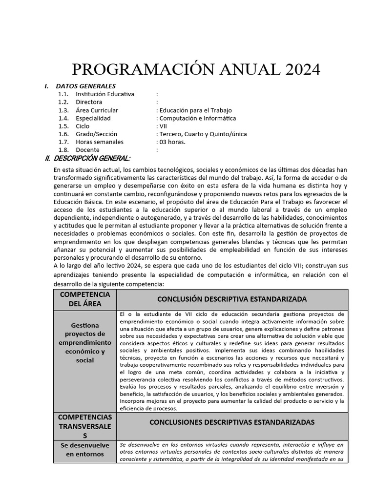 Programacion Anual Vii Ciclo | PDF | Aprendizaje | Evaluación