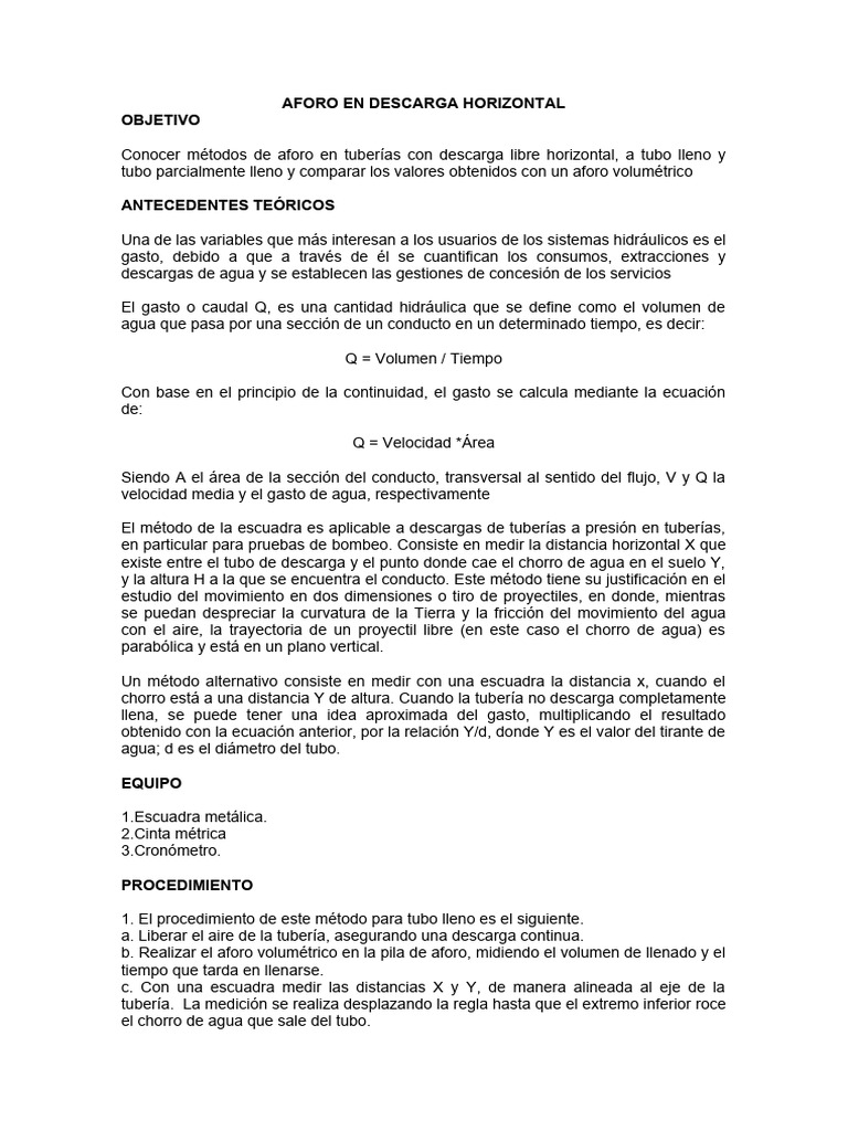 Aforo en tuberías: métodos y cálculos | PDF | Agua | Volumen