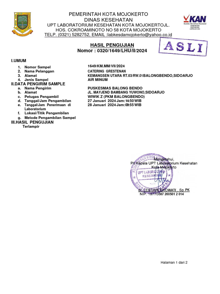 Grestenan - Uji Lab Air Minum | PDF