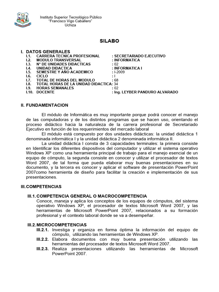 Silabo de Informatica I | PDF | Archivo de computadora | Informática