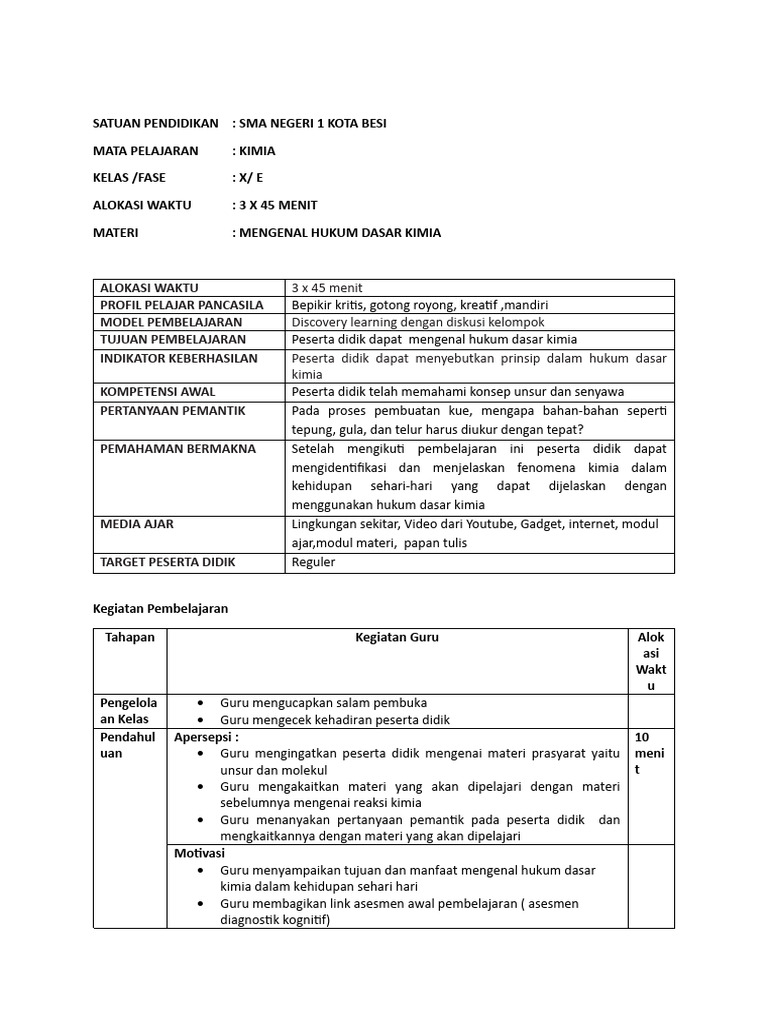 Modul Ajar HUKUM DASAR KIMIA Suvervisi | PDF