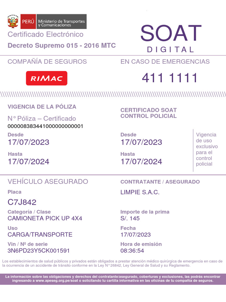 Certificado SOAT 2023-2024 | PDF | Seguro de vehículo | Póliza de seguros