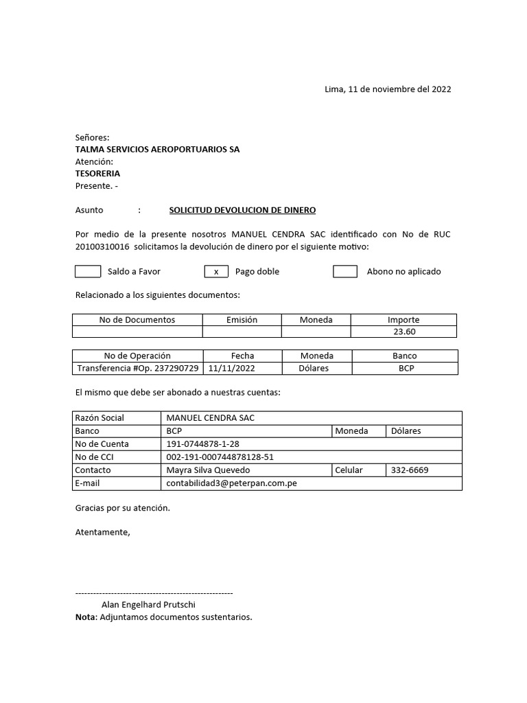 Solicitud Devolución Talma | PDF | Finanzas y dinero