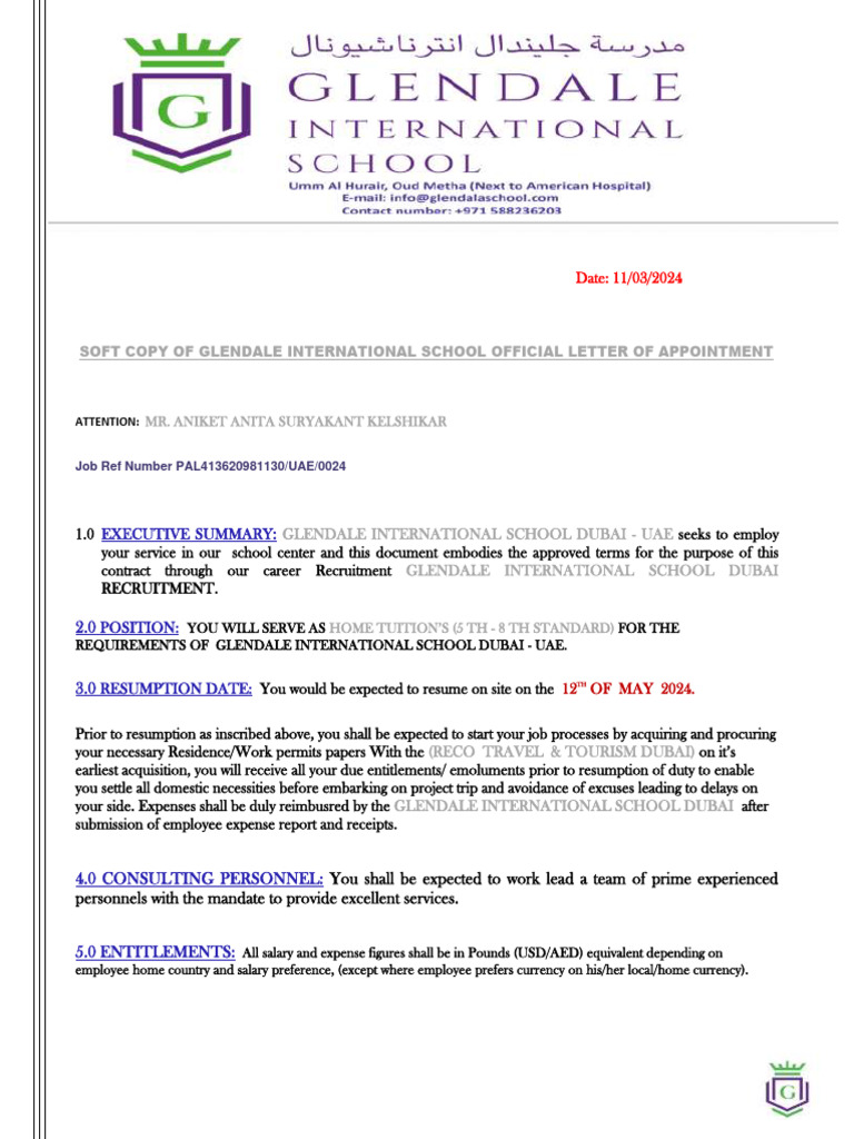 Glendale International School Offer Letter Uae | PDF | Employment | Salary