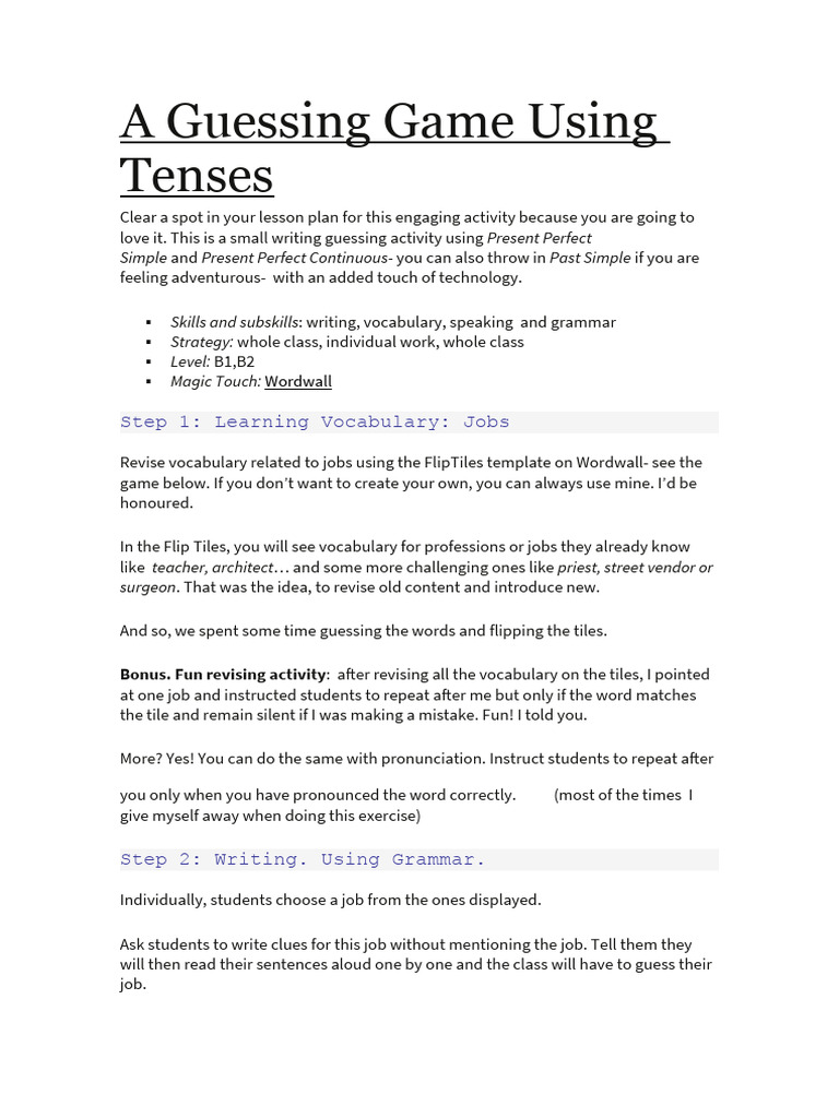 A Guessing Game Using Tenses | PDF | Linguistics | Human Communication