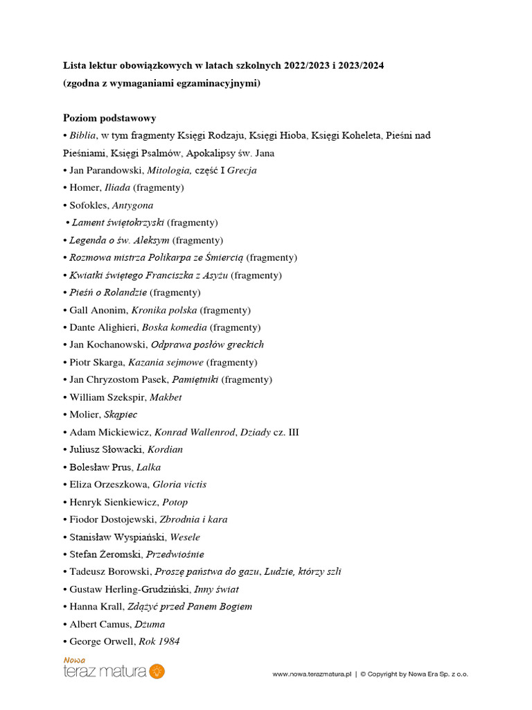 Lista Lektur Obowiązkowych PP - Szkoła Ponadpodstawowa | PDF