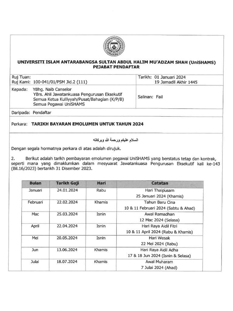Tarikh Emolumen 2024 | PDF