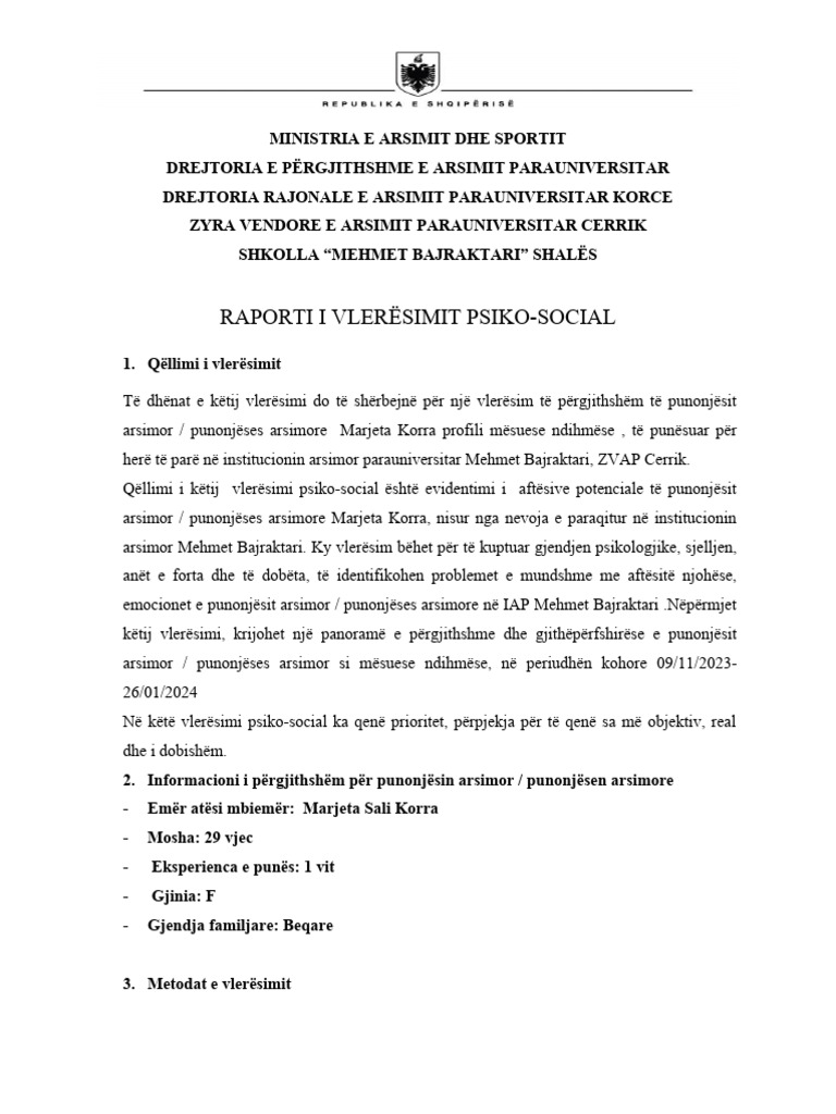 Raporti I Vleresimit Psikosocial Bosh | PDF
